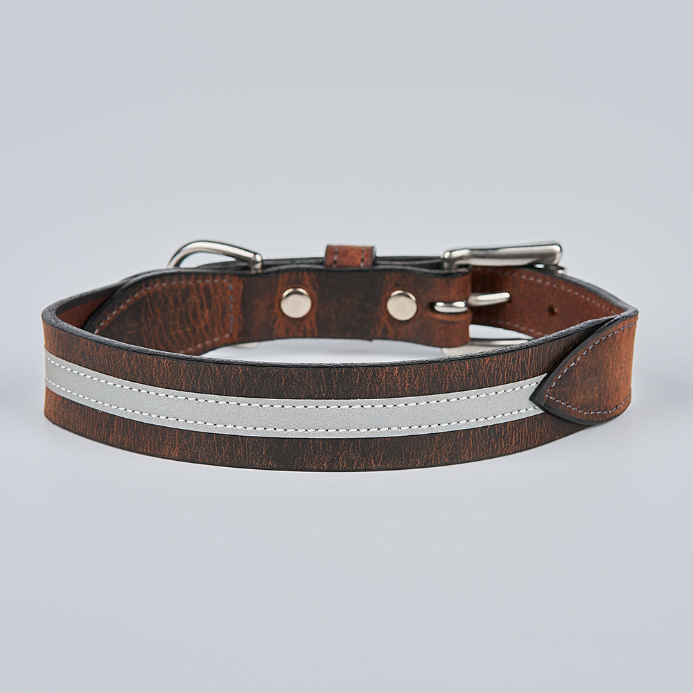 Reflective Bison Leather Dog Collar USA Made | Remi - Hanks Belts