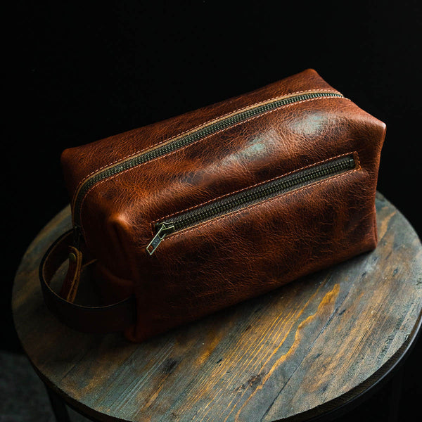 Bison Leather Dopp Bag - Shaving or Toiletry Travel Bag - Hanks Belts