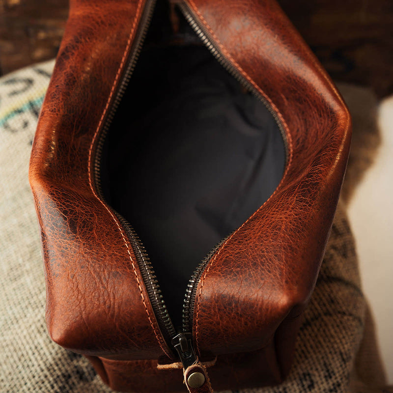 Bison Leather Dopp Bag - Shaving or Toiletry Travel Bag - Hanks Belts