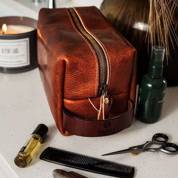 Bison Leather Dopp Bag - Shaving or Toiletry Travel Bag - Hanks Belts